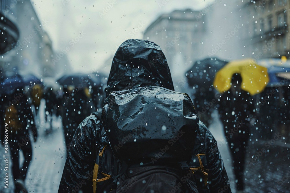 An impactful shot capturing a soaked individual marching through a ...
