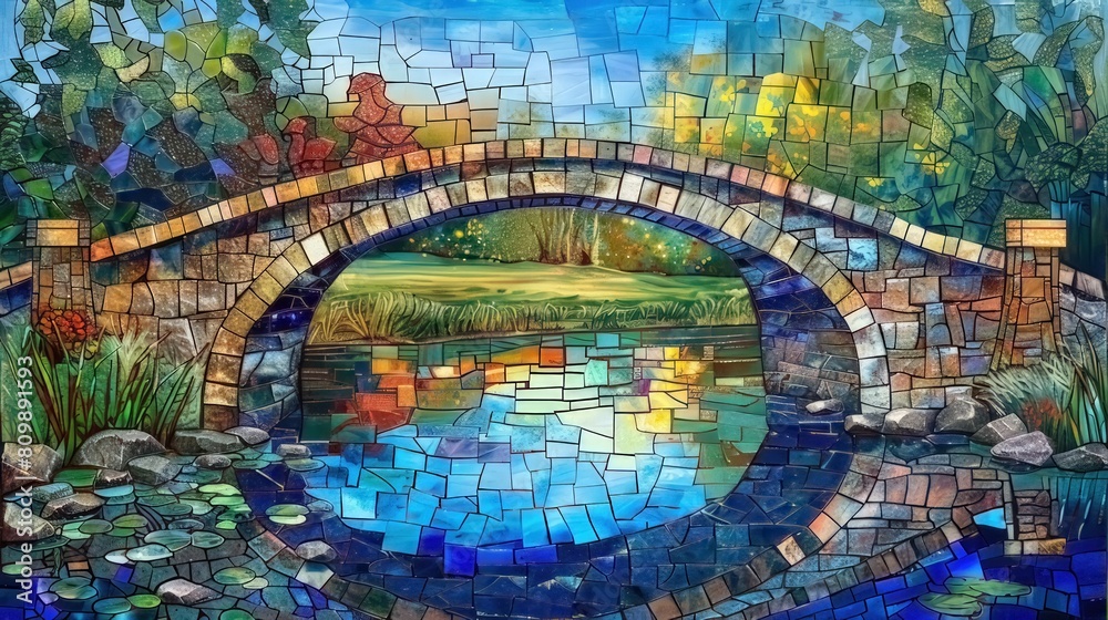 Mosaic. A bridge spans the river on a beautiful, sunny day, creating a ...
