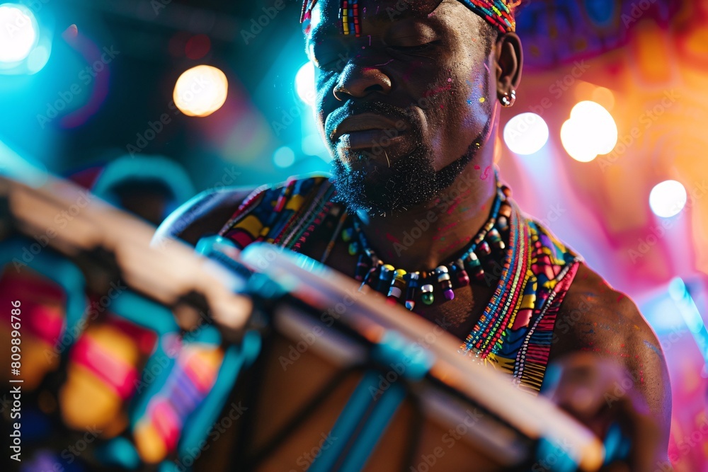 A close-up of a man passionately drumming on colorful African djembe ...