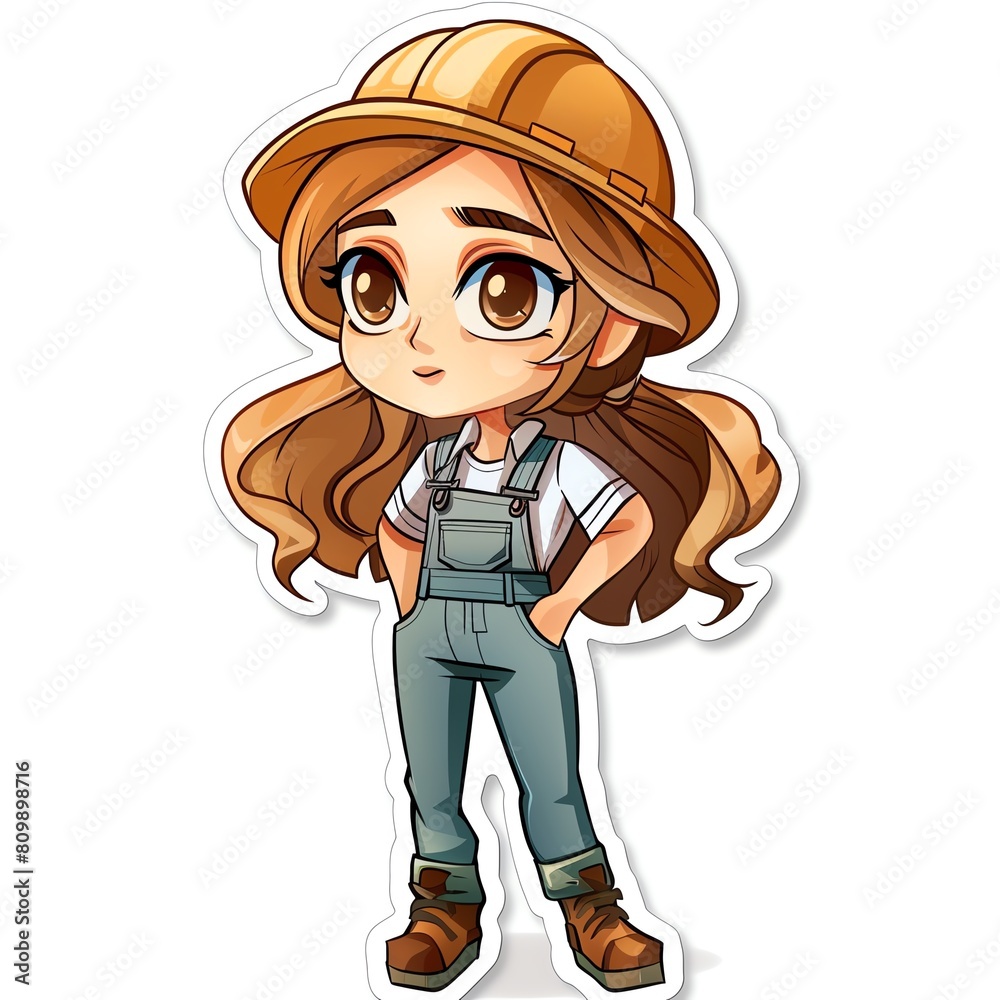 A cute chibi girl wearing an orange hard hat and blue overalls. She has ...