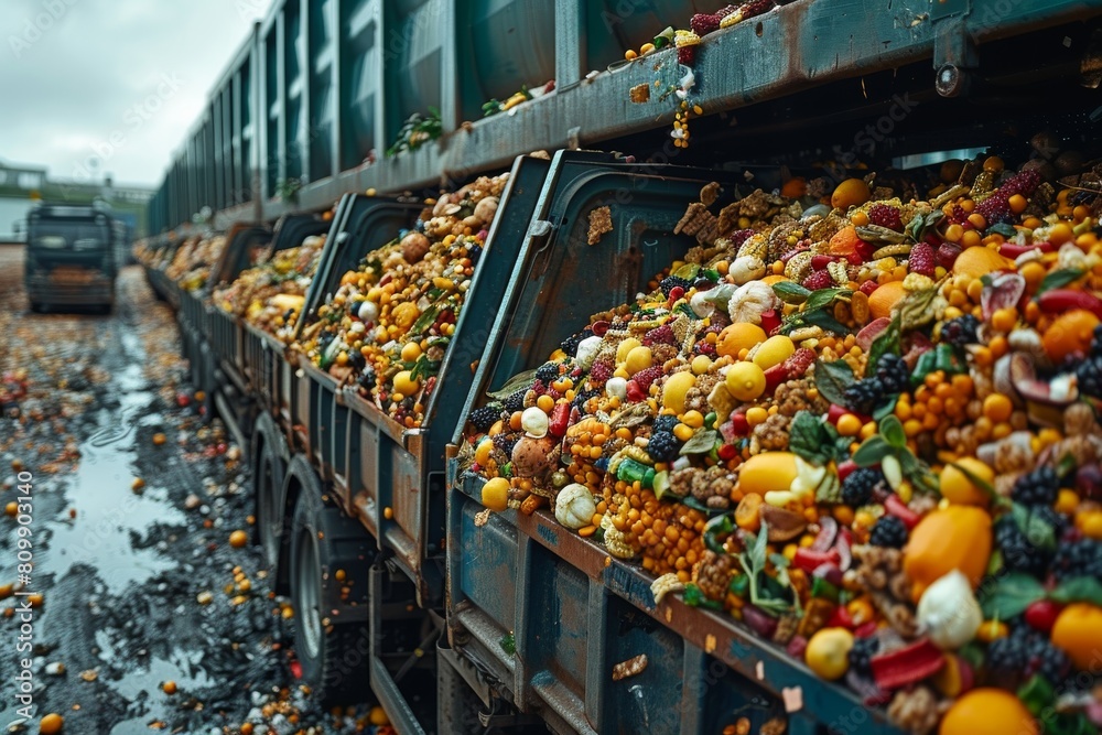Overflown truck containers filled with rejected mixed vegetables ...