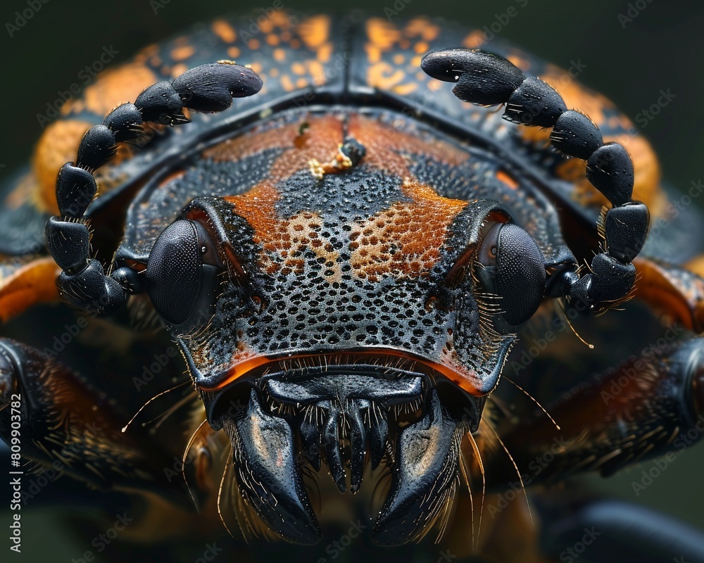 The closeup view of a beetles head showcases its armored exoskeleton ...