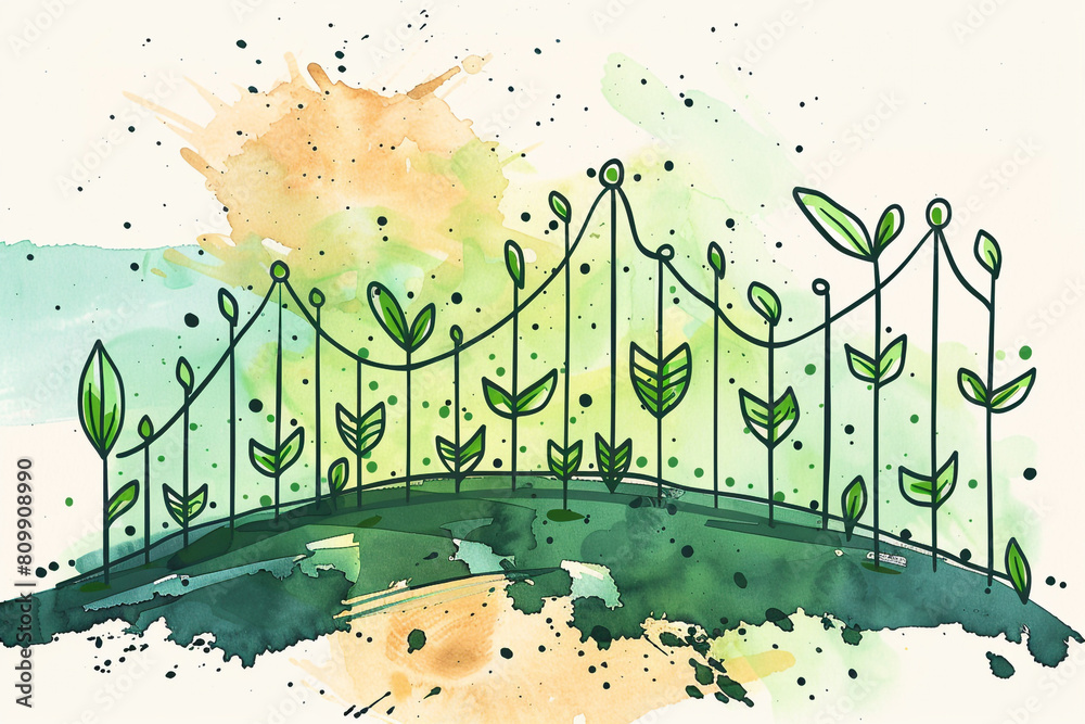 Growth Chart, Hand-drawn upward trend graph with plants growing from ...