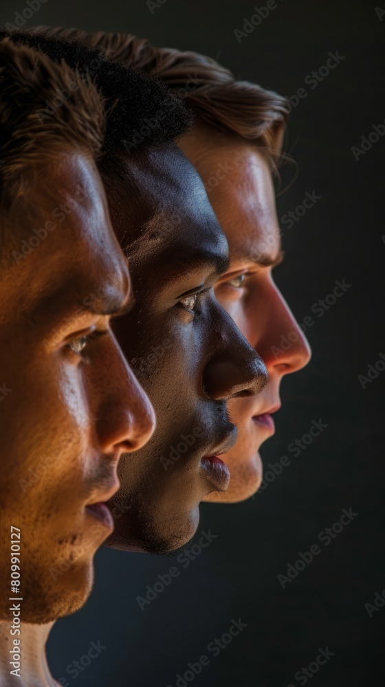 Profile view of young men of different nationalities, ethnicity and ...
