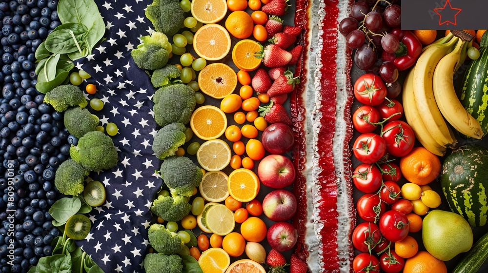 Create an image of an American flag made from assorted fruits and ...