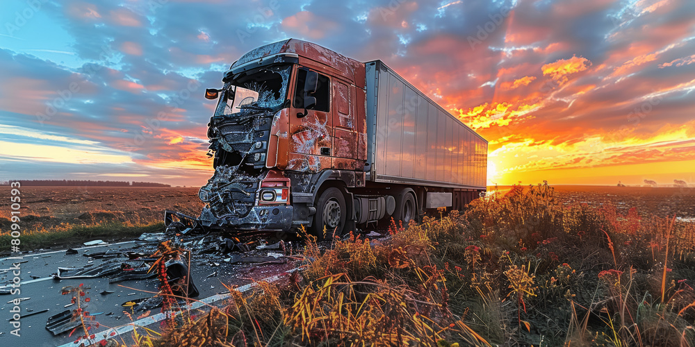 Cargo truck with destroyed cabin after dangerous road accident at dusk ...