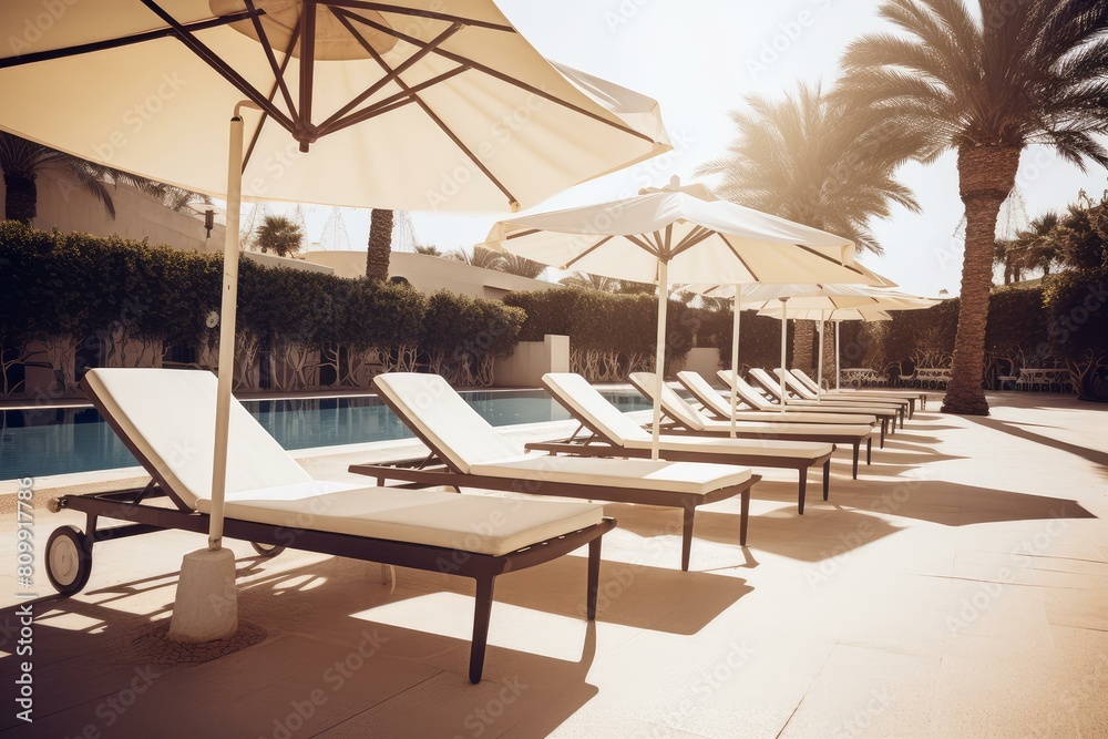 Sunbeds near outdoor swimming pool at luxury resort. Relax lifestyle ...