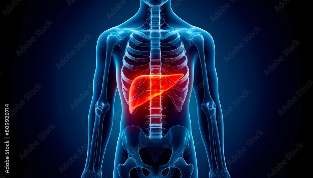 Medical x-ray image displaying liver highlighted in red showing ...