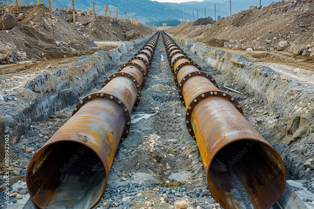 Infrastructure development in action, closeup of pipes laid in a ...