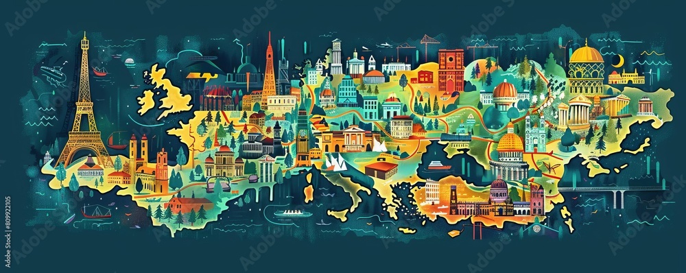 Create a detailed and colorful illustration of a map of Europe. The map ...