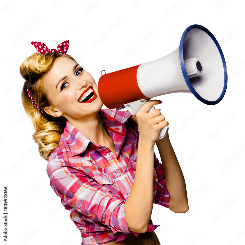 Funny very happy blond woman wear pin up 50-60s style shirt cloth use ...