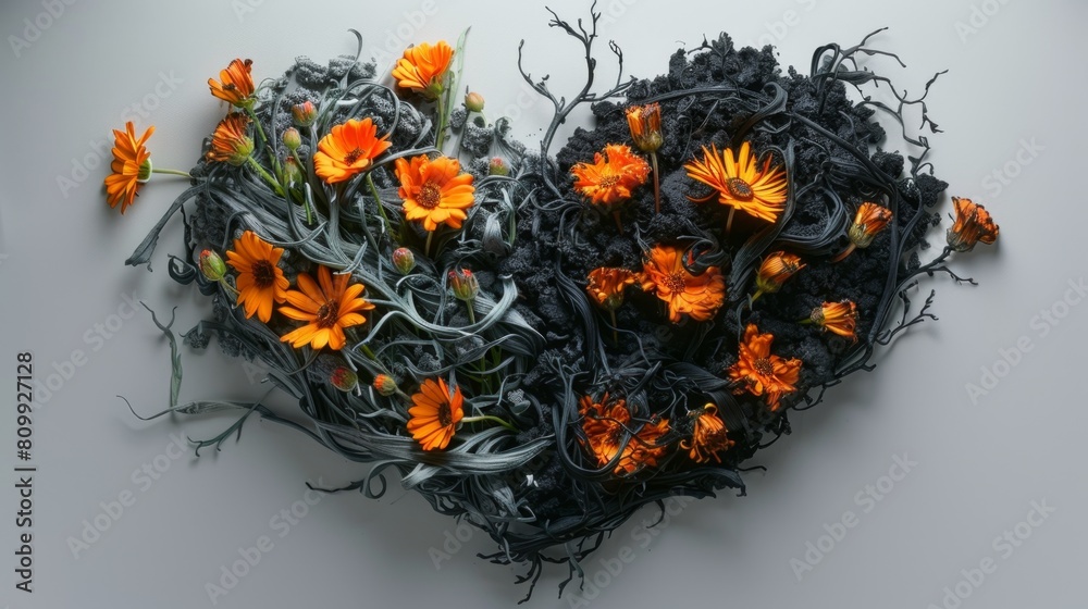 A heart, half red soil full of flowers, half black soil, withered ...
