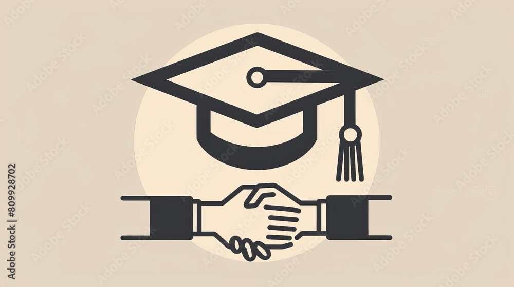An icon depicting a handshake beneath a graduation cap, simple lines ...