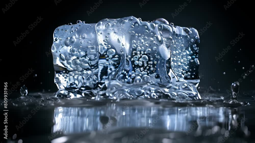 Ice cubes being dropped into a clear container filled with water, causing ripples and bubbles to ...