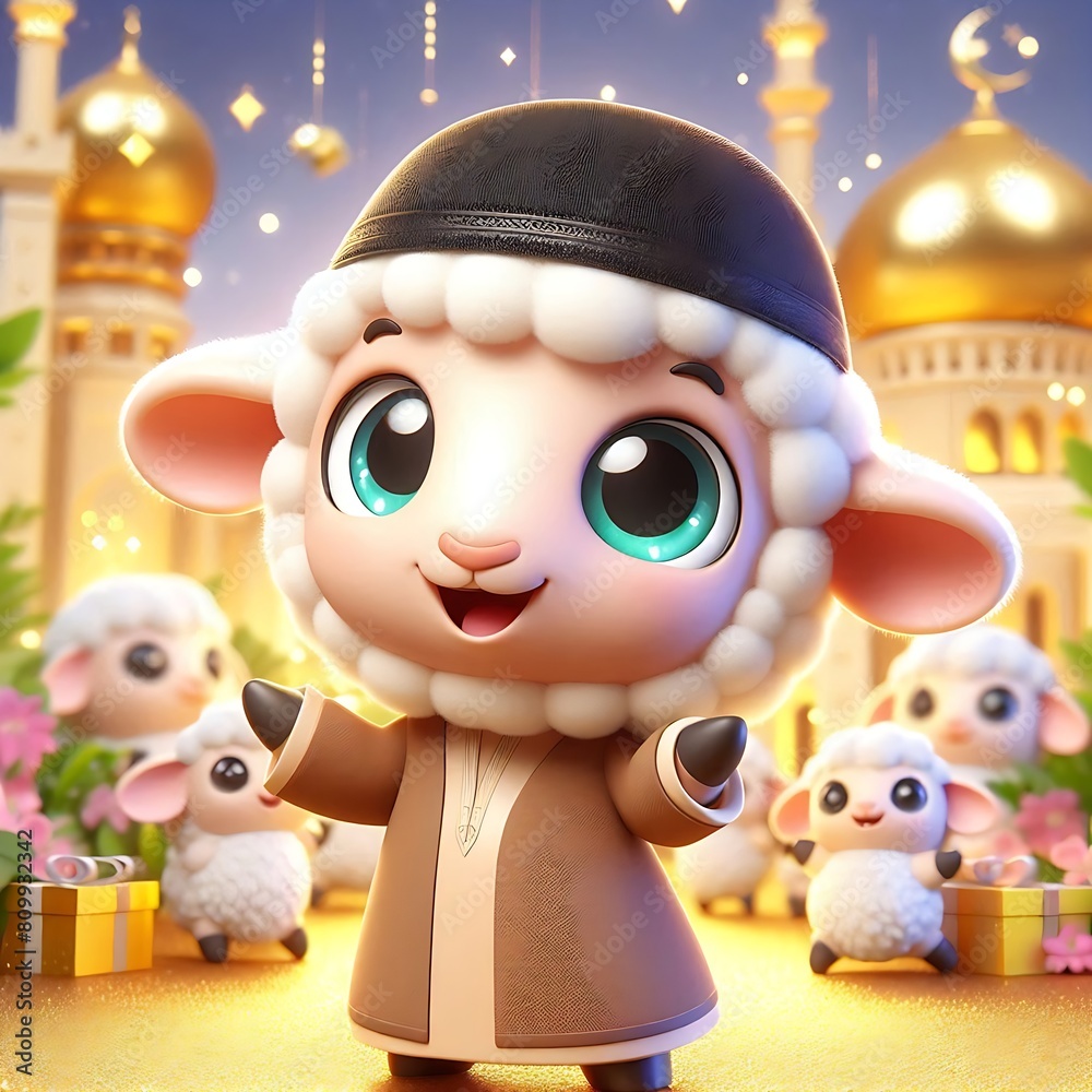 an animated lamb in traditional attire in front of a mosque ...