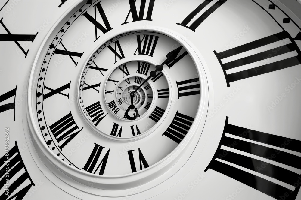 Endless time flow concept, time waste, black and white spiral clock ...