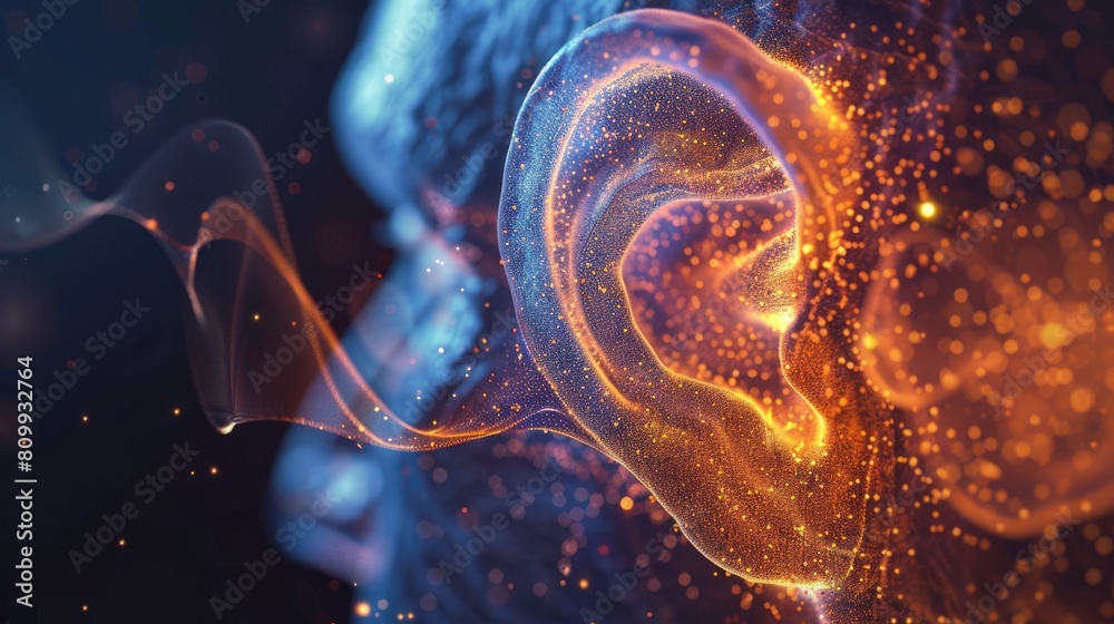 Detailed 3D render of the human ear and auditory pathway, presented in ...