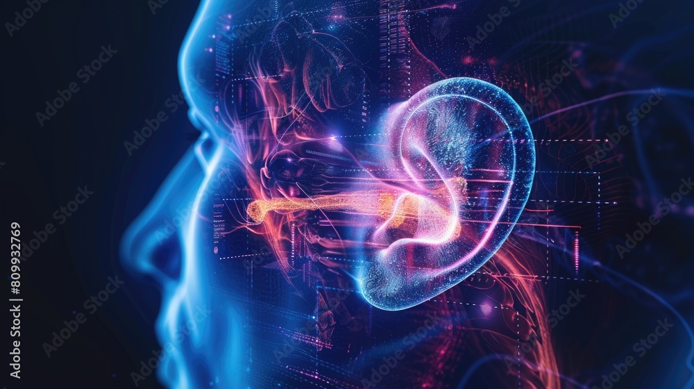 Detailed 3D render of the human ear and auditory pathway, presented in ...