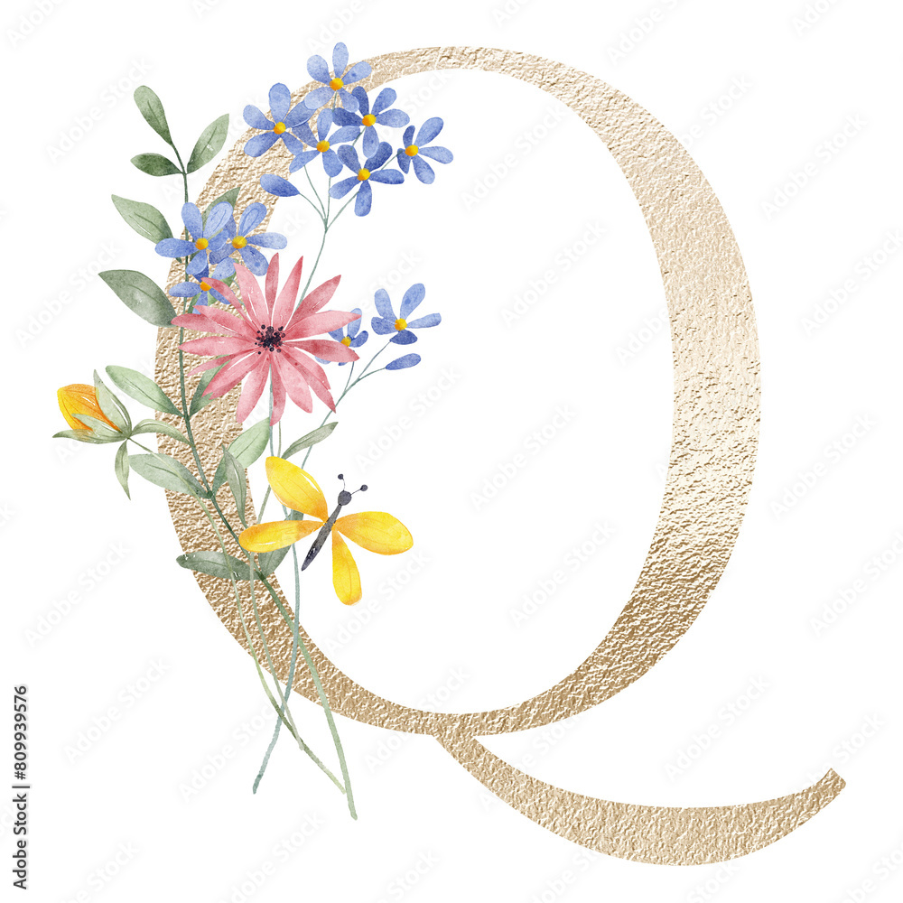 Golden letter Q with watercolor flowers and leaves. Floral alphabet ...