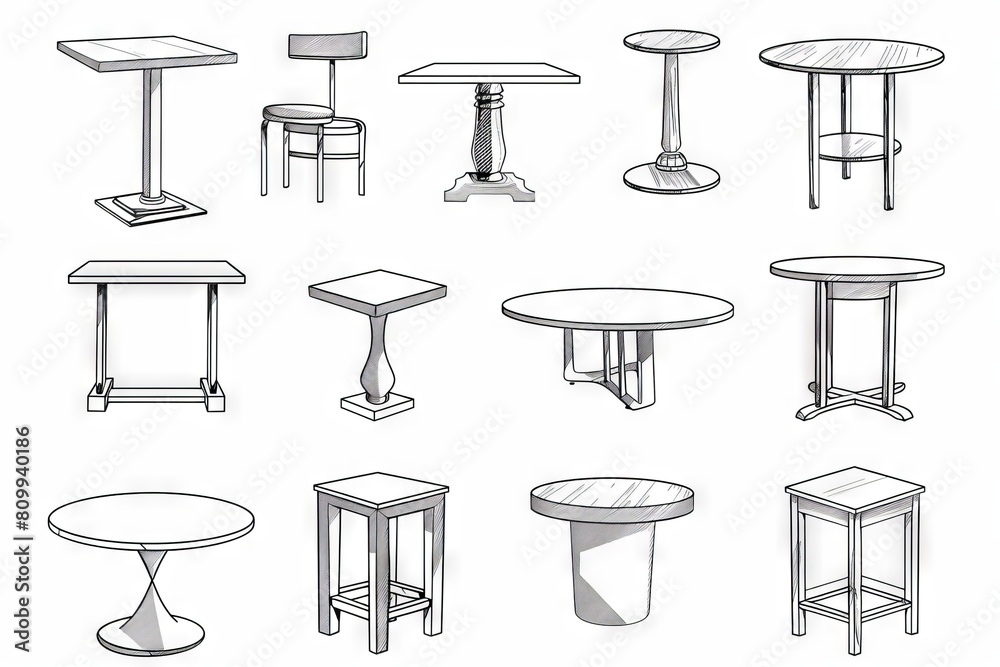 Tables sketched set, different line drawing desks, square and round ...
