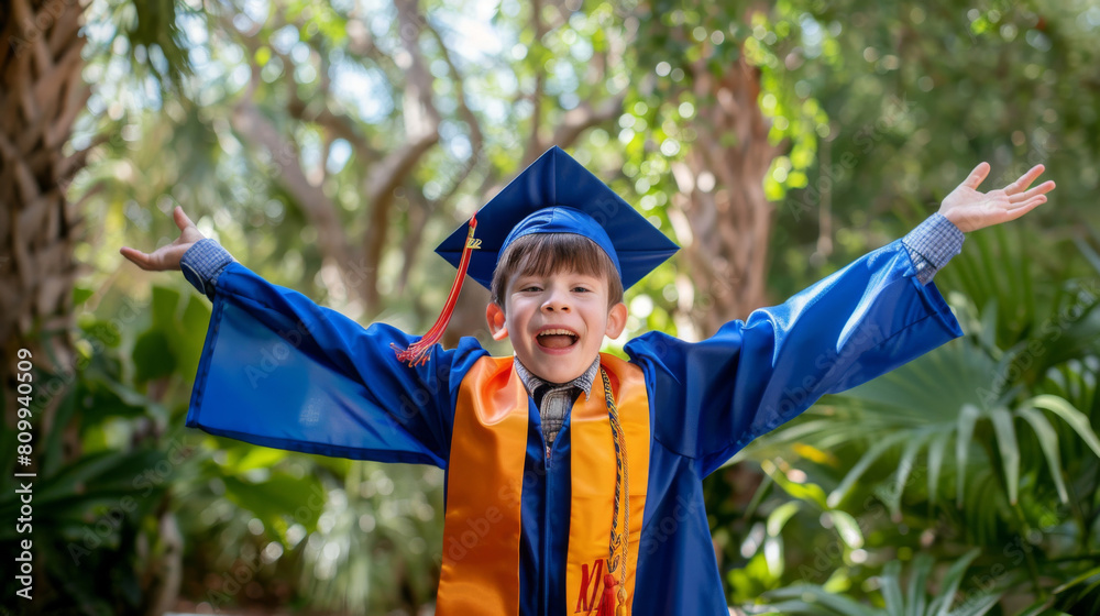 Excited child with autism in graduation cap and gown, arms wide open ...