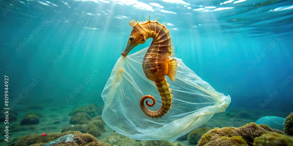 a seahorse biting plastic bag under water. Sea pollution concept Stock ...