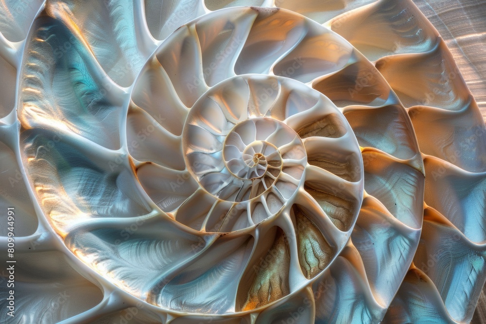 Nautilus shell inspired geometric pattern, spiraling Fibonacci sequence ...