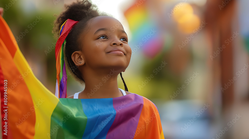 Young girl in rainbow attire at Pride parade showing happiness and ...