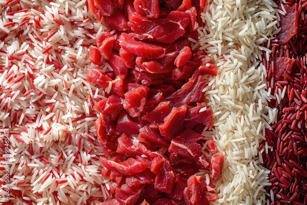 Grain Anatomy: Red Rice and Human Model. Freshly Isolated Minced Beef ...