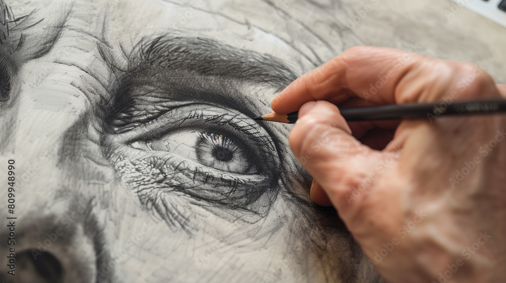 Artist drawing a detailed human eye on paper Stock Photo | Adobe Stock