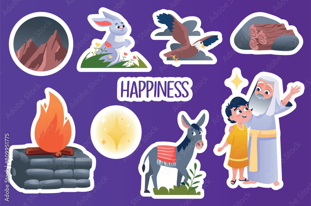 Set of stickers Happiness in flat cartoon design. This illustration ...