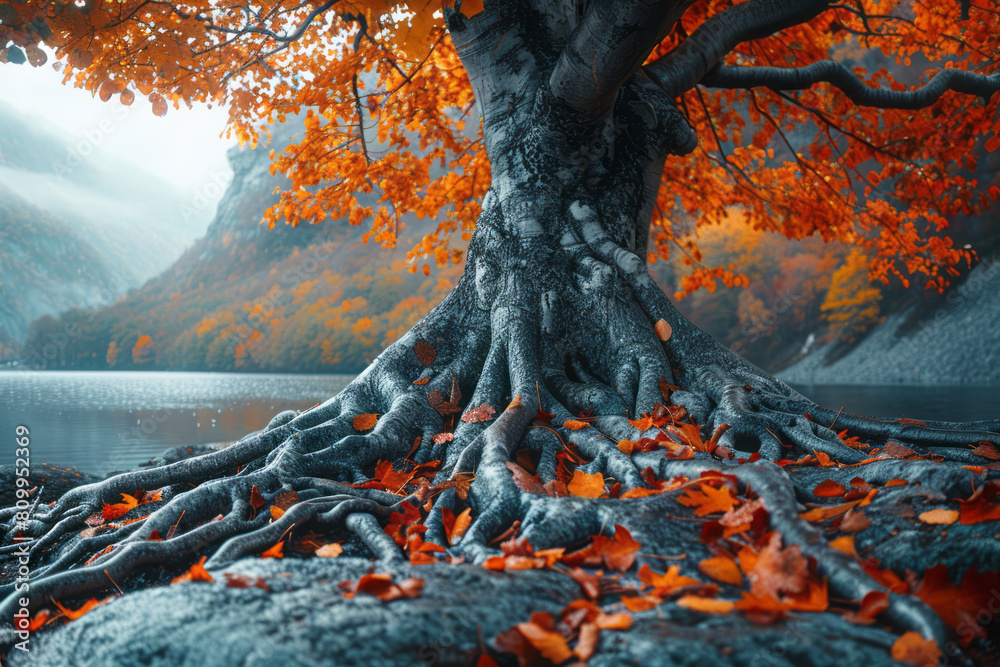 Maca roots designed as roots of a tree in autumn, with leaves pulsating ...