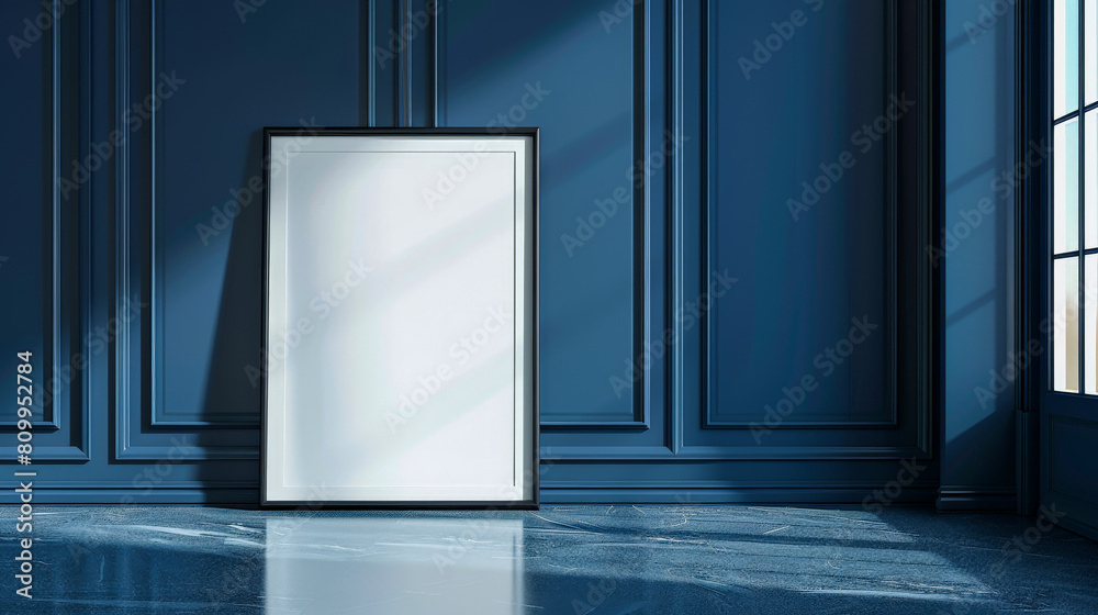Panoramic mockup art frame on a glossy midnight blue wall, each frame ...