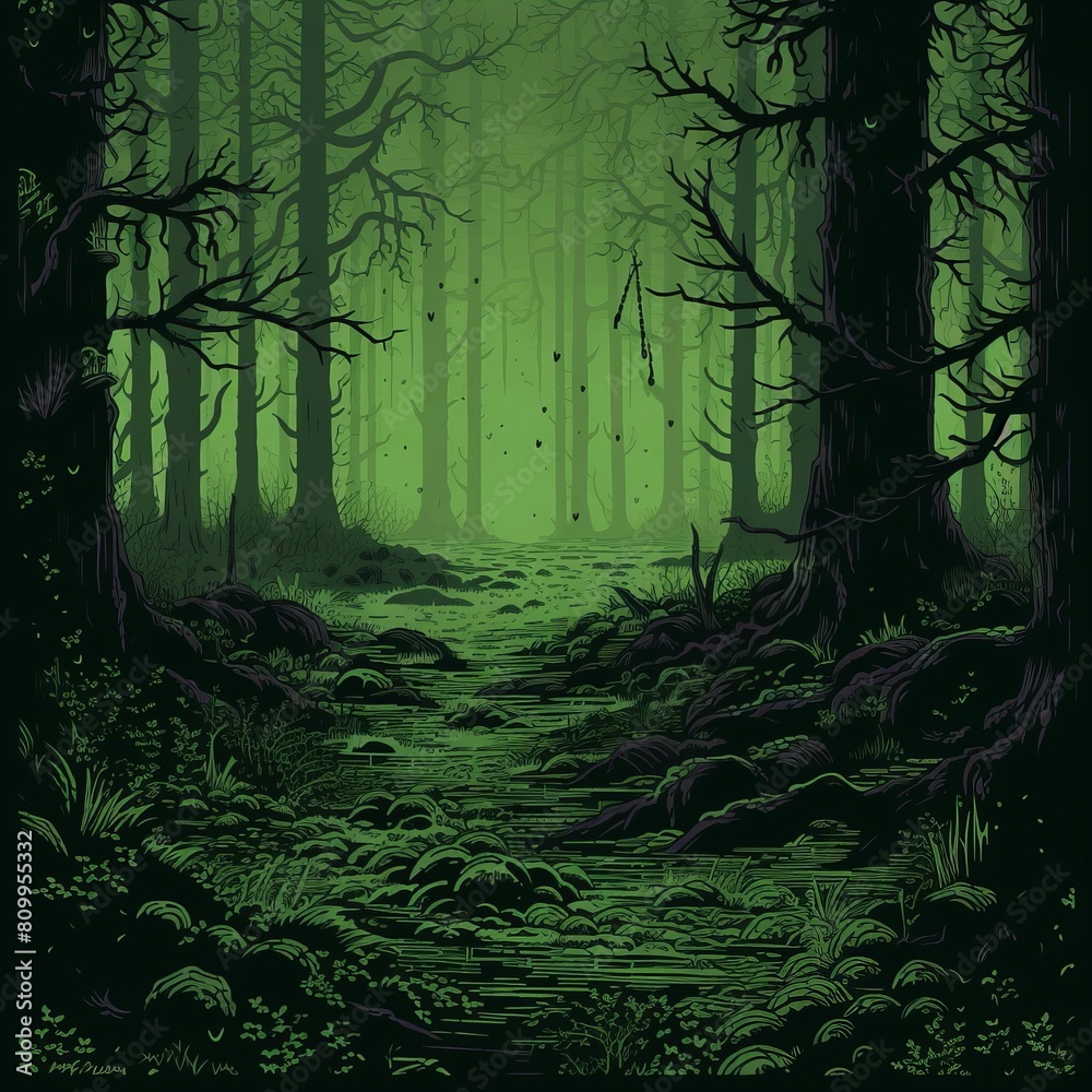 Pixel art of a misty forest glade with vibrant green hues and a path ...