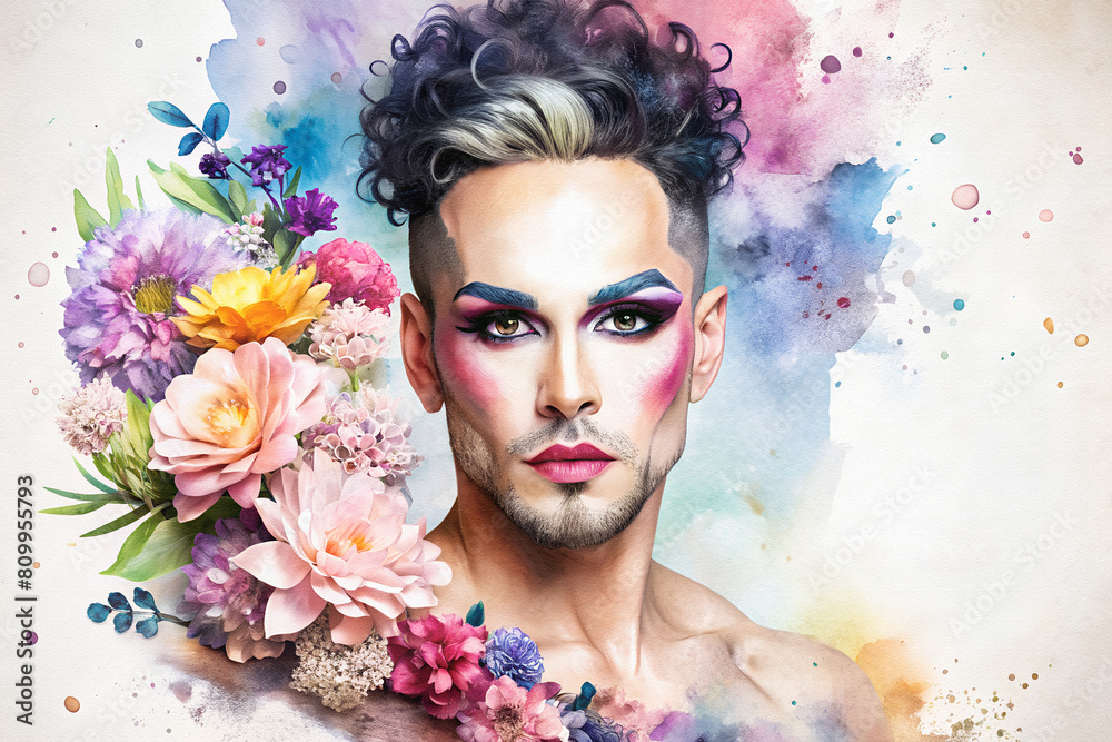 Pintura en acuarela de Drag Queen hombre con fondo de flores. Hombre ...