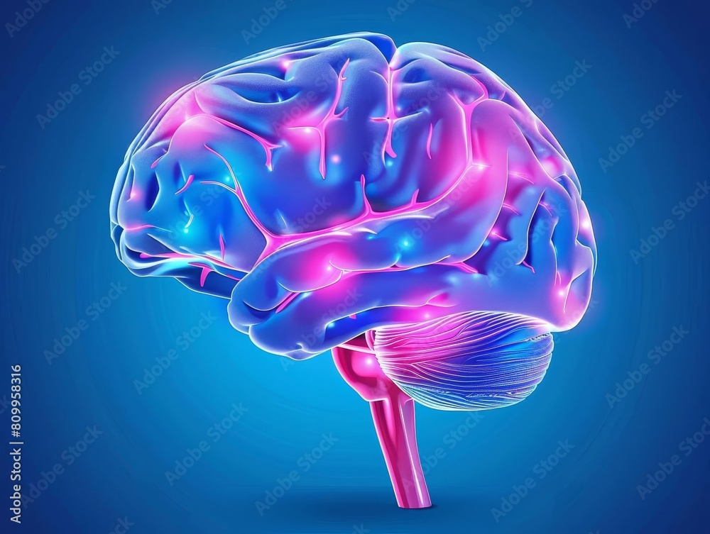 Realistic medical illustration of a brain, highlighting areas activated ...