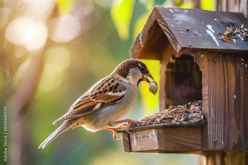 Sparrow bird eating at bird feeder hanging in forest or park. Stock ...