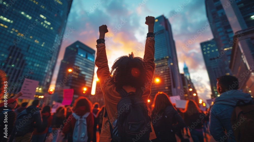 Protesting crowd of people walks down the street, shouting slogans and ...