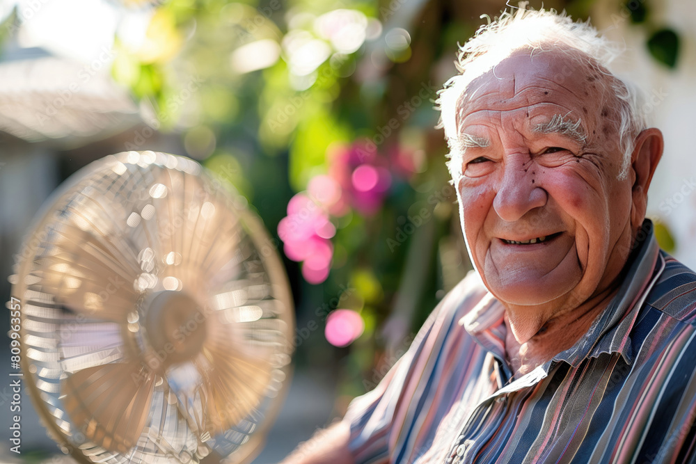 Old man relaxing near the ventilator, suffering from extremely high ...