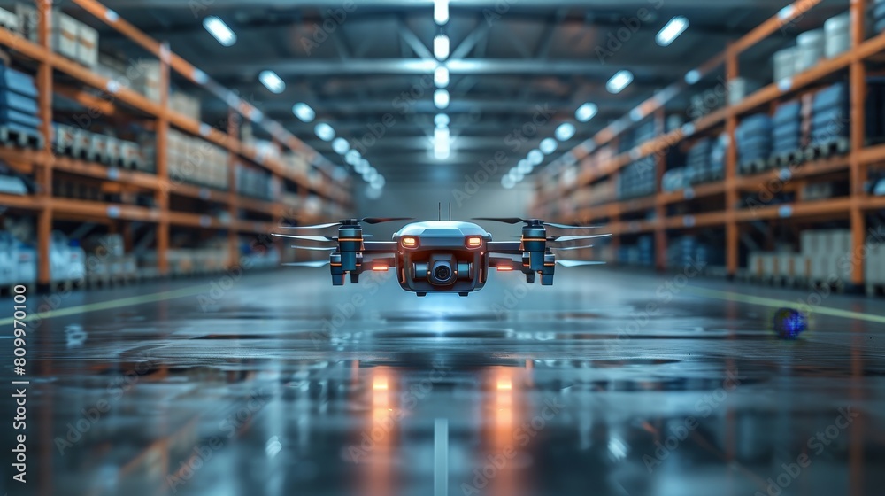 A 3D render of a sleek, modern drone flying over a high-tech logistics ...