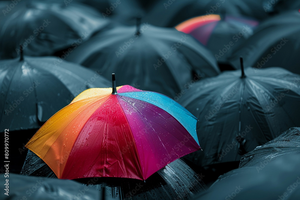 One colorful umbrella in a sea of black umbrellas, representing ...