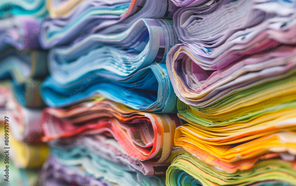 Stacks of newspapers dyed in various colors are folded together against ...