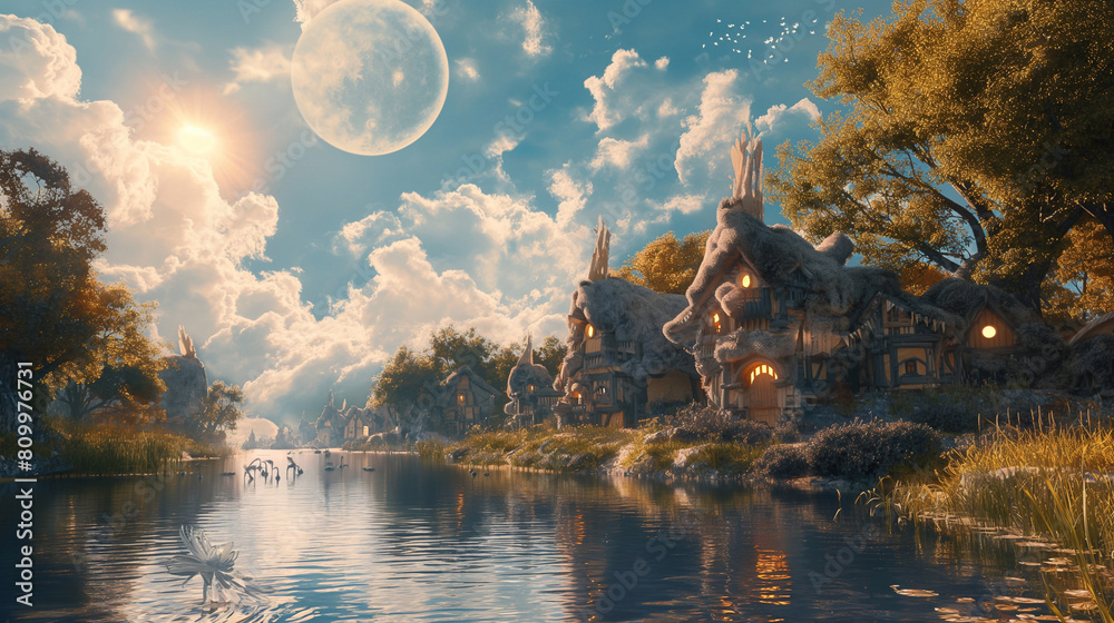 A serene lakeside village in a fantasy world, with whimsical thatched ...