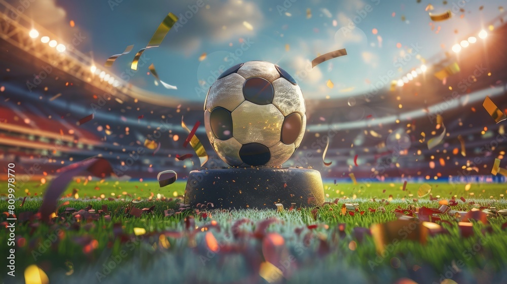 A close up of a soccer ball on a pedestal with confetti falling from ...