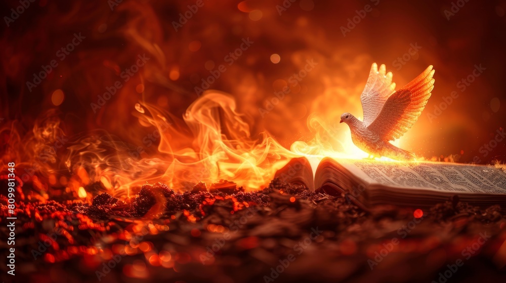 A book, the Bible, doves fly out of the book and shine，Bright sun light ...