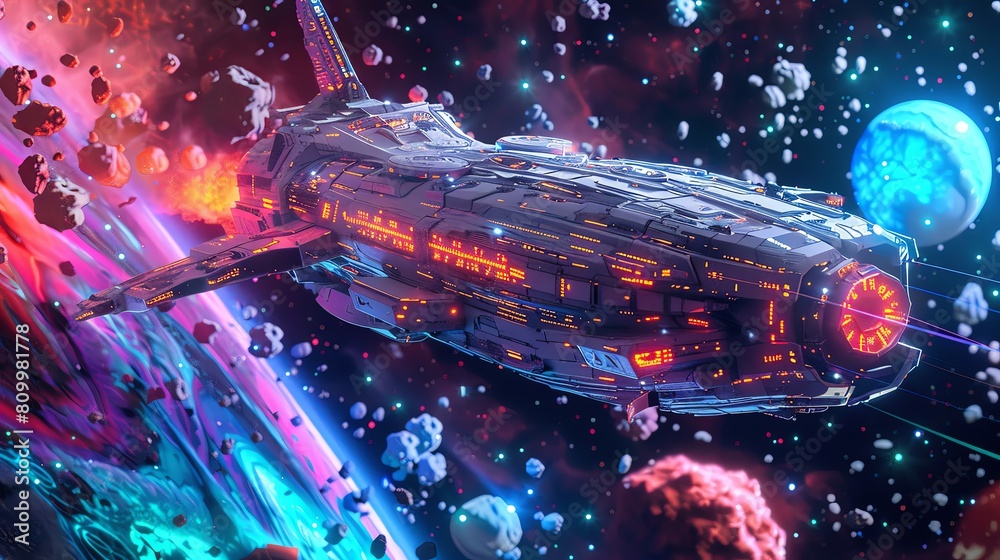 Explore a side view of a futuristic spaceship sailing through a galaxy ...