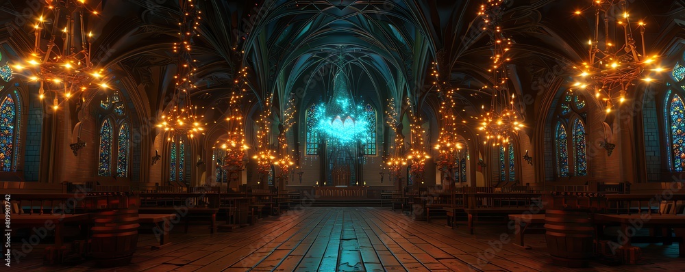Produce a stunning 3D render capturing a panoramic view of a wizard ...