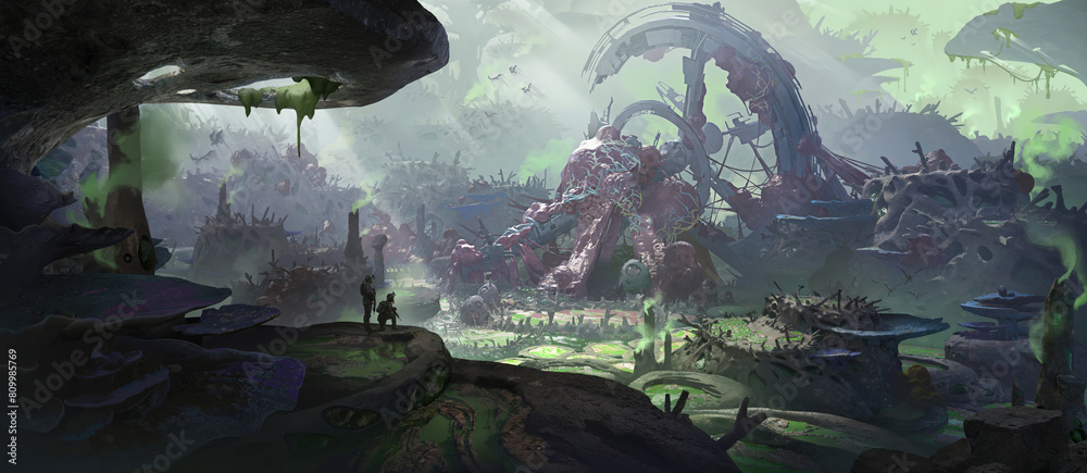 A sci-fi illustration of the space station crashed on the outer planet ...