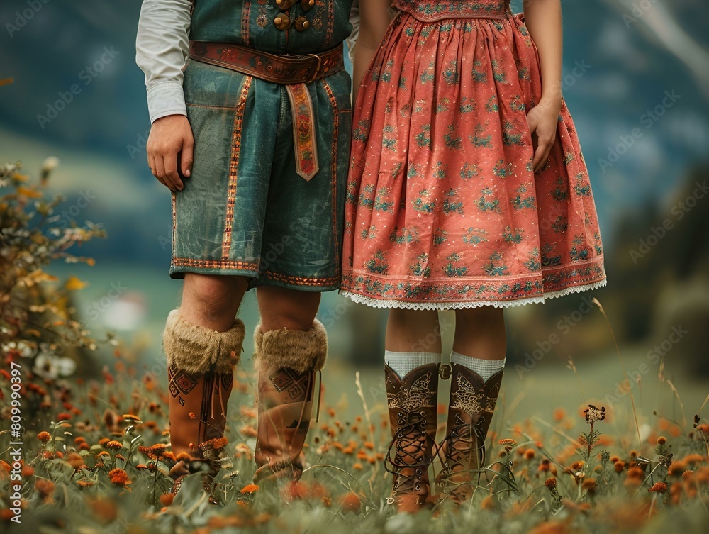 A couple wearing traditional alpine clothing stands side by side in a ...