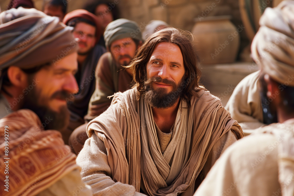 Jesus speaking to his disciples in an ancient middle eastern setting ...